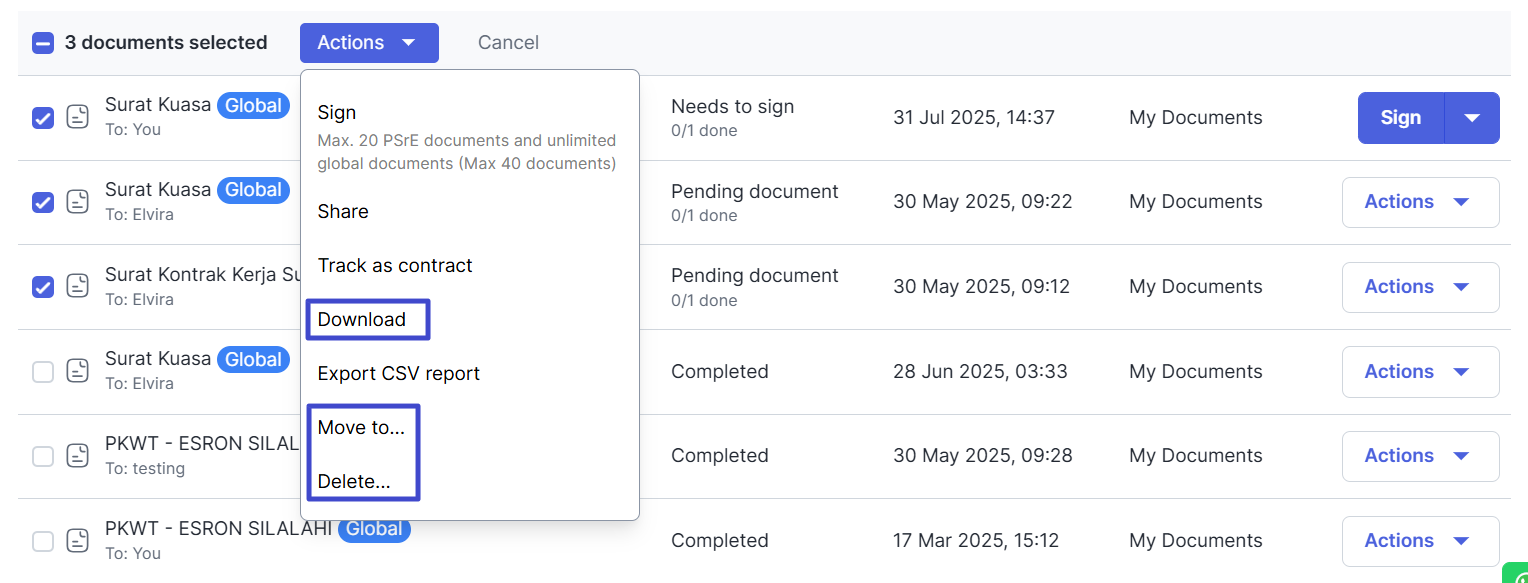 Bagaimana Cara Mengunduh, Menghapus, dan Memindahkan Beberapa Dokumen Pada Mekari Sign – Mekari ...